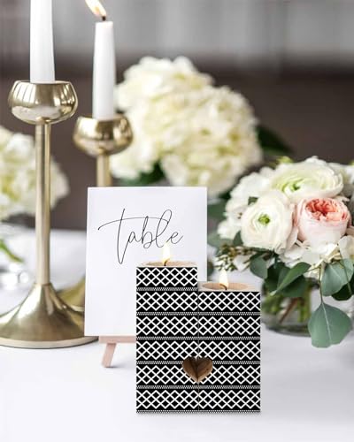 Black Stripe Candle Holder with Tea Light,Vintage Wood Tealight Candle Stick Holder Pillar Centerpiece,Heart-Shaped Tall Wooden Tea Light Candle Holders Set Geometry Abstract Contemporary Boho Dot