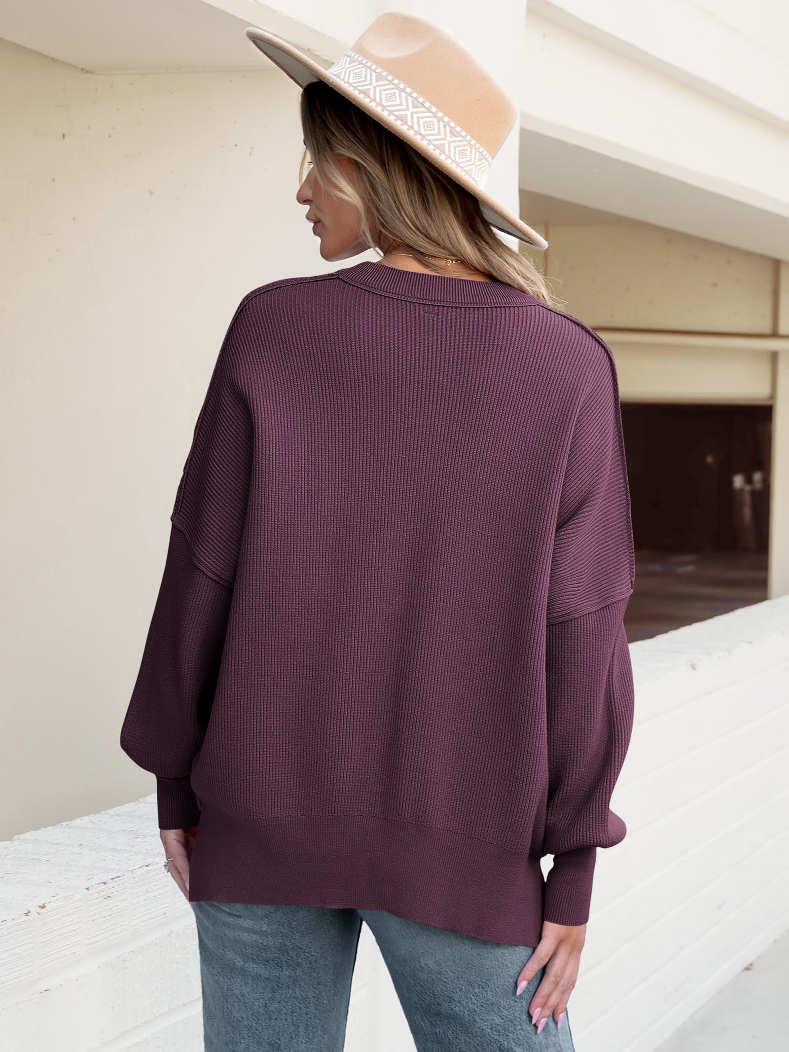 ANRABESS Women Crewneck Batwing Long Sleeve 2024 Fall Oversized Side Slit Ribbed Knit Pullover Sweaters Top Cozy Outfits Fuchsia Medium