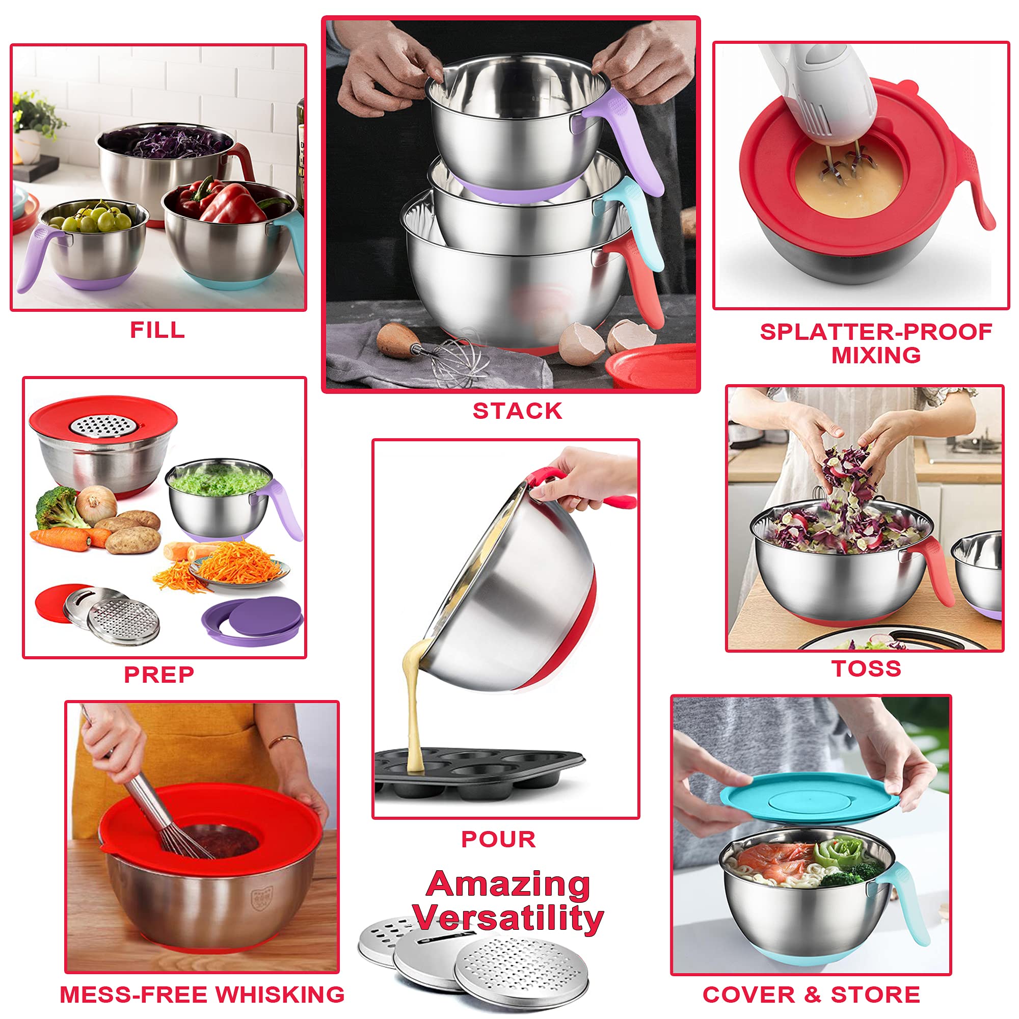 Stainless Steel Mixing Bowls with Lids (Set of 3) - Features Long Handles, Pour Spout, Non Slip Colorful Silicone Bottom, 3 Graters, & Measurement Marks. Ideal for Baking, Serving, Food & Salad Prep.