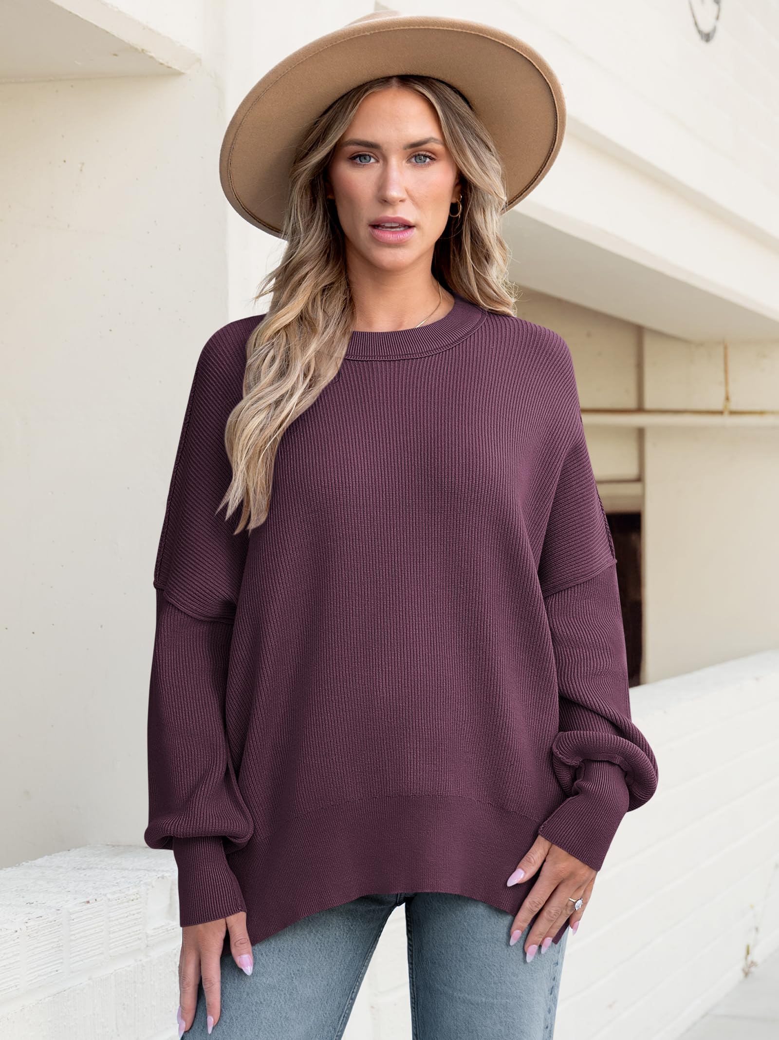 ANRABESS Women Crewneck Batwing Long Sleeve 2024 Fall Oversized Side Slit Ribbed Knit Pullover Sweaters Top Cozy Outfits Fuchsia Medium