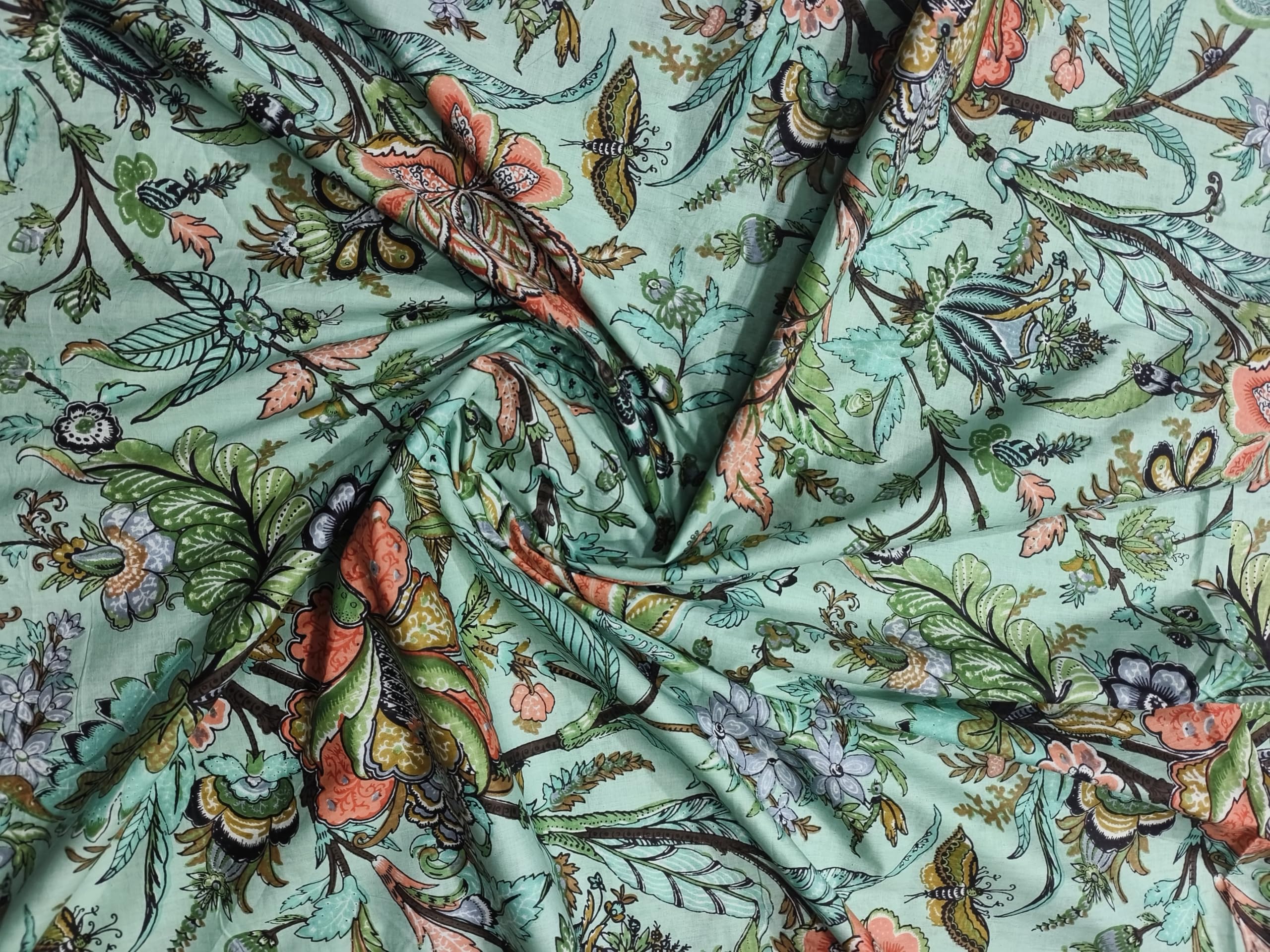 Indian Hand-Block Printed Jaipuri Flower Print Floral Ethnic Sanganer Kurti Print Cotton Fabric (Mint Mugal Flower, 3 Yards)