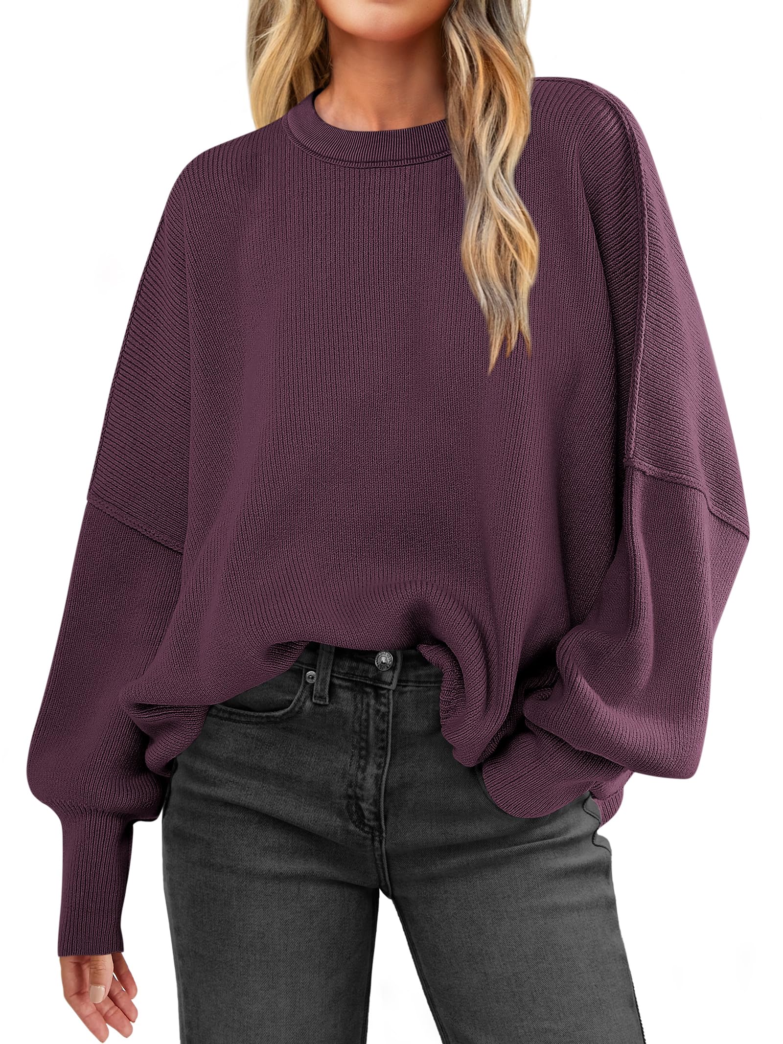 ANRABESS Women Crewneck Batwing Long Sleeve 2024 Fall Oversized Side Slit Ribbed Knit Pullover Sweaters Top Cozy Outfits Fuchsia Medium