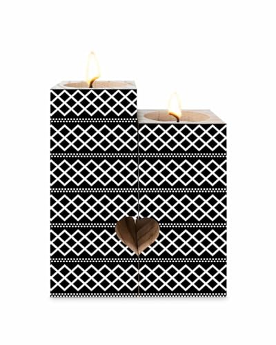 Black Stripe Candle Holder with Tea Light,Vintage Wood Tealight Candle Stick Holder Pillar Centerpiece,Heart-Shaped Tall Wooden Tea Light Candle Holders Set Geometry Abstract Contemporary Boho Dot