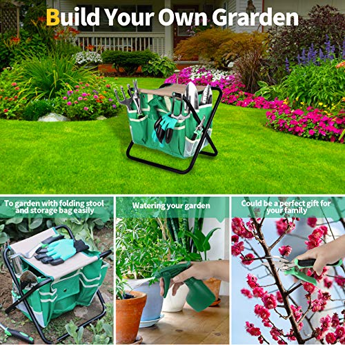 Yongkist 9 PCS All-in-one Garden Tools Set, Heavy Duty Cast-Aluminium Alloy Gardening Tools Kit with Folding Stool Seat&Detachable Canvas Tool Bag , Non-Slip Rubber Grip, Outdoor Hand Tools