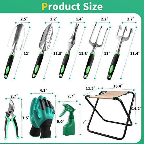 Yongkist 9 PCS All-in-one Garden Tools Set, Heavy Duty Cast-Aluminium Alloy Gardening Tools Kit with Folding Stool Seat&Detachable Canvas Tool Bag , Non-Slip Rubber Grip, Outdoor Hand Tools