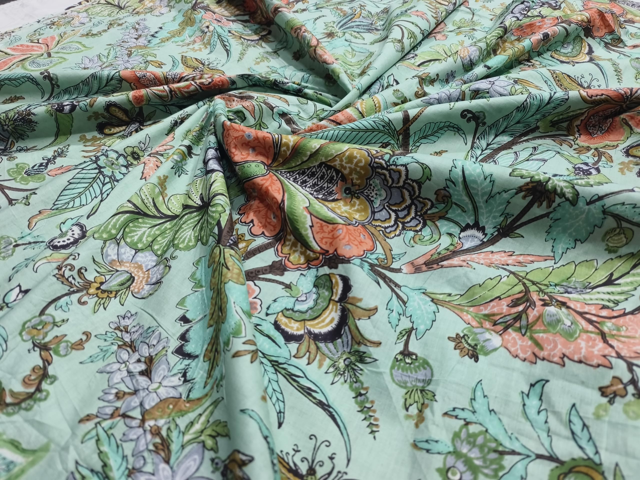Indian Hand-Block Printed Jaipuri Flower Print Floral Ethnic Sanganer Kurti Print Cotton Fabric (Mint Mugal Flower, 3 Yards)