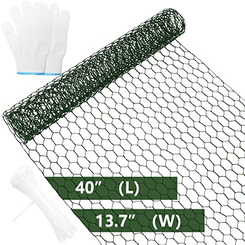 Aboofx Green Chicken Wire for Floral Arrangements, 40 x 13.7 inch Chicken Wire Mesh, Hexagonal PVC Coated Galvanized Iron Wire for Garden, Chicken Wire Fencing with 20 Zip Ties and 1 Pair of Glove