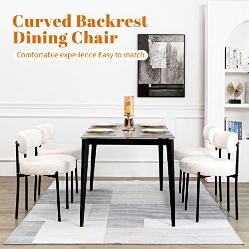 DYHOME Dining Chairs Set of 6, White Boucle Dining Room Chairs with Curved Backrest, Upholstered Mid Century Modern Dining Chairs with Black Metal Legs