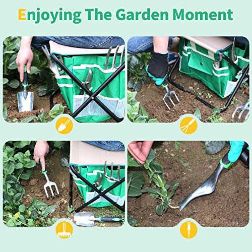 Yongkist 9 PCS All-in-one Garden Tools Set, Heavy Duty Cast-Aluminium Alloy Gardening Tools Kit with Folding Stool Seat&Detachable Canvas Tool Bag , Non-Slip Rubber Grip, Outdoor Hand Tools