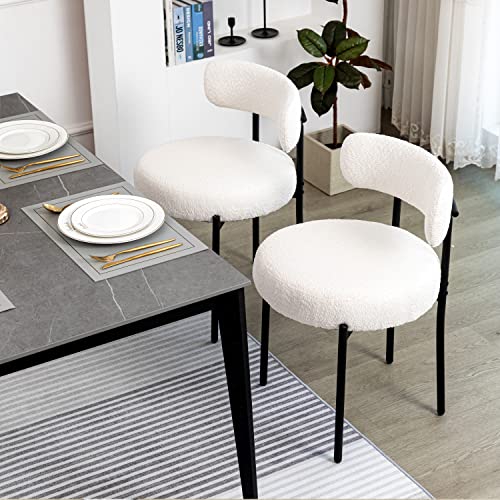DYHOME Dining Chairs Set of 6, White Boucle Dining Room Chairs with Curved Backrest, Upholstered Mid Century Modern Dining Chairs with Black Metal Legs