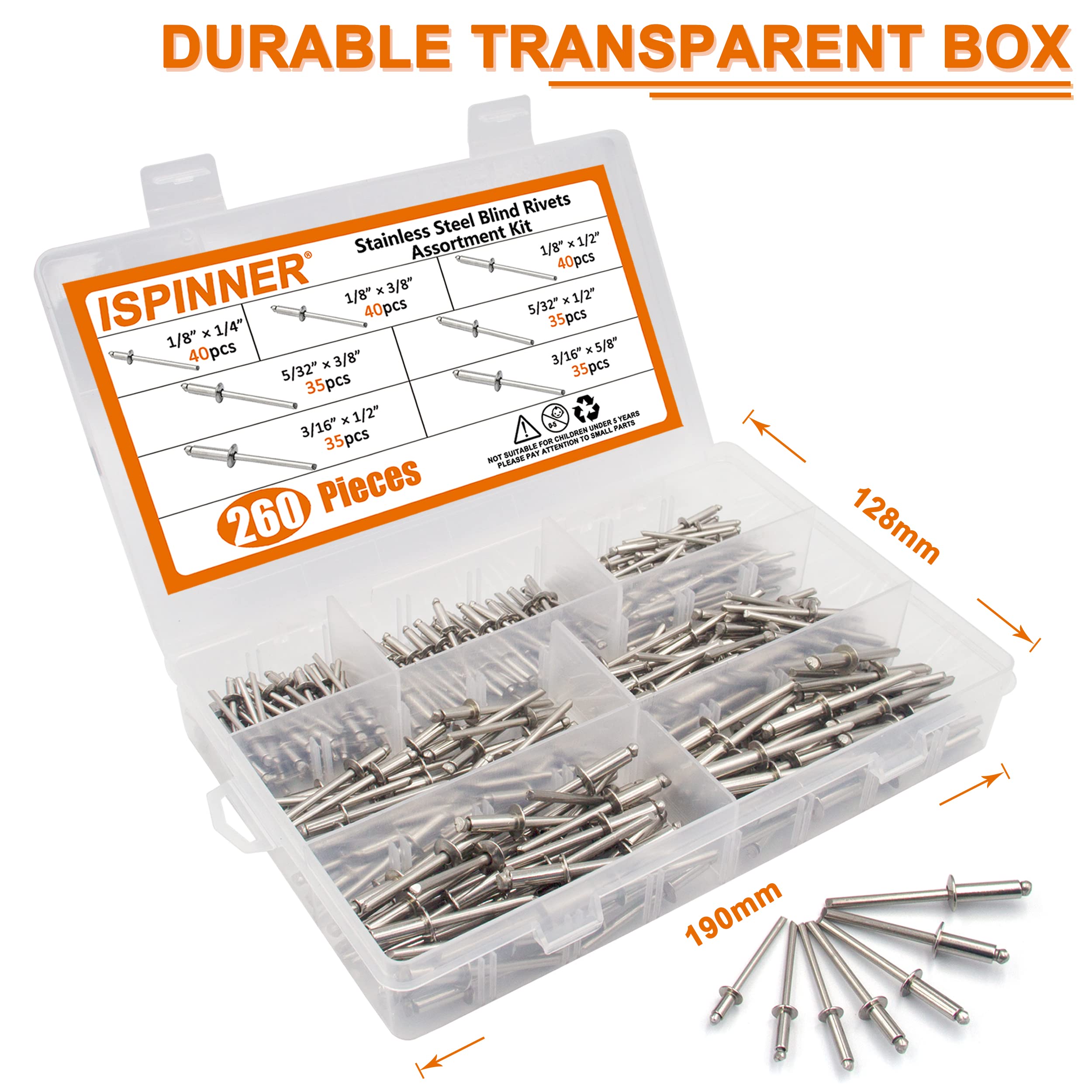 ISPINNER 260pcs Stainless Steel Blind Rivets, 7 Sizes Pop Rivets Assortment Kit