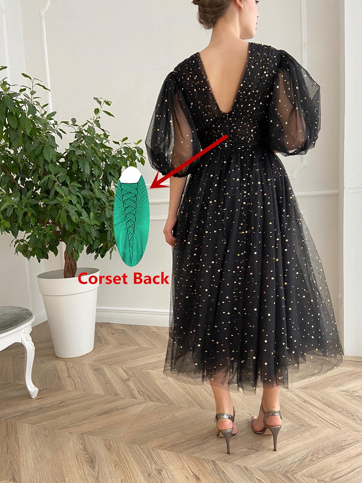 Xijun Women's Puffy Sleeve Prom Dresses with Slit Sparkle Starry Tulle Black Corset A Line Half Sleeve V-Neck Tea Length Formal Party Gowns US8