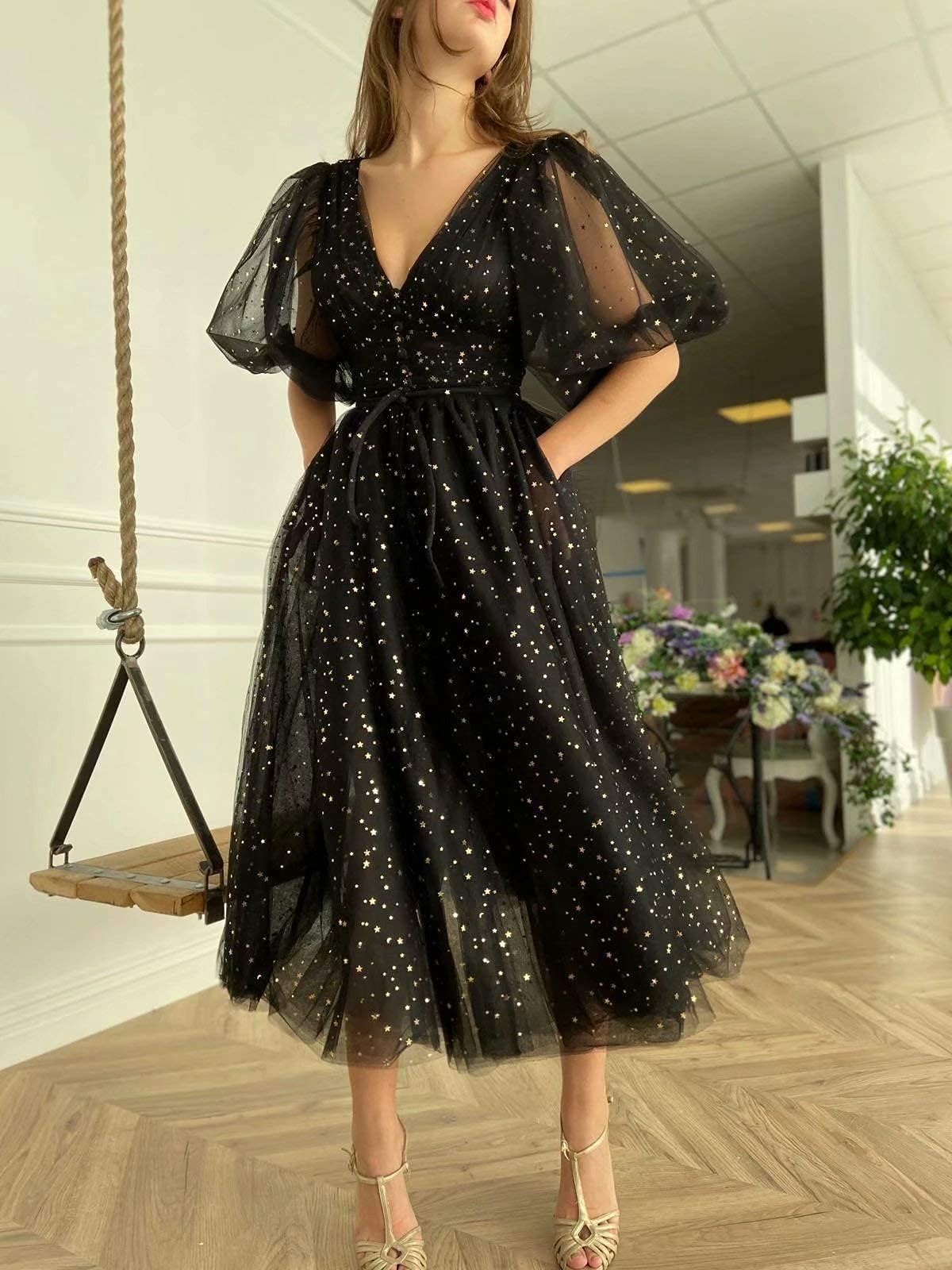 Xijun Women's Puffy Sleeve Prom Dresses with Slit Sparkle Starry Tulle Black Corset A Line Half Sleeve V-Neck Tea Length Formal Party Gowns US8