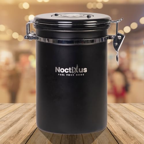 NoctiXus Stainless Steel Coffee Canister/Container for Airtight Food Storage with Date Tracker. Scoop and Release Valves Included. 22 Oz. Black