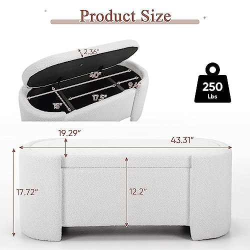 Deolme White Boucle Storage Ottoman Bench- Modern Wooden Indoor Upholstered Storage Bench End of Bed Stool Sherpa Bench Bedside with Safety Hinge for Bedroom, Living Room Seating, Entryway