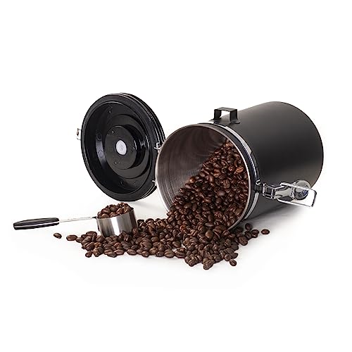 NoctiXus Stainless Steel Coffee Canister/Container for Airtight Food Storage with Date Tracker. Scoop and Release Valves Included. 22 Oz. Black