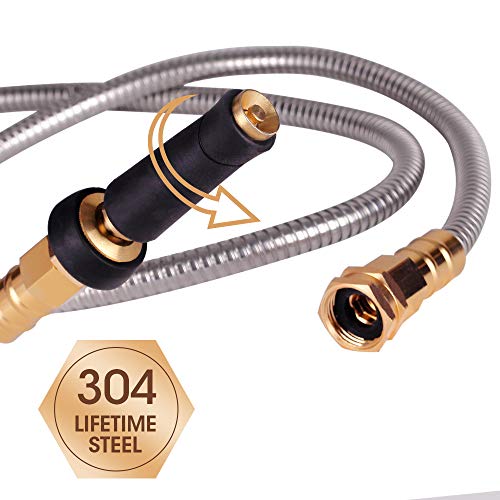 SCRIPTRACT 100’304 Stainless Steel Garden Hose with Free Removable Brass Nozzle Lightweight Metal Hose - Portable Durable and Resistant to Knots, Tangles and Punctures (100)