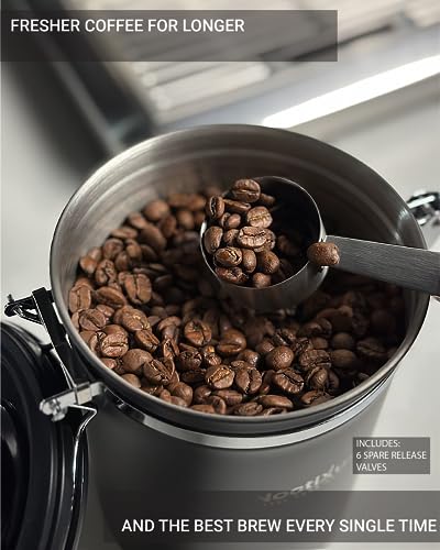 NoctiXus Stainless Steel Coffee Canister/Container for Airtight Food Storage with Date Tracker. Scoop and Release Valves Included. 22 Oz. Black