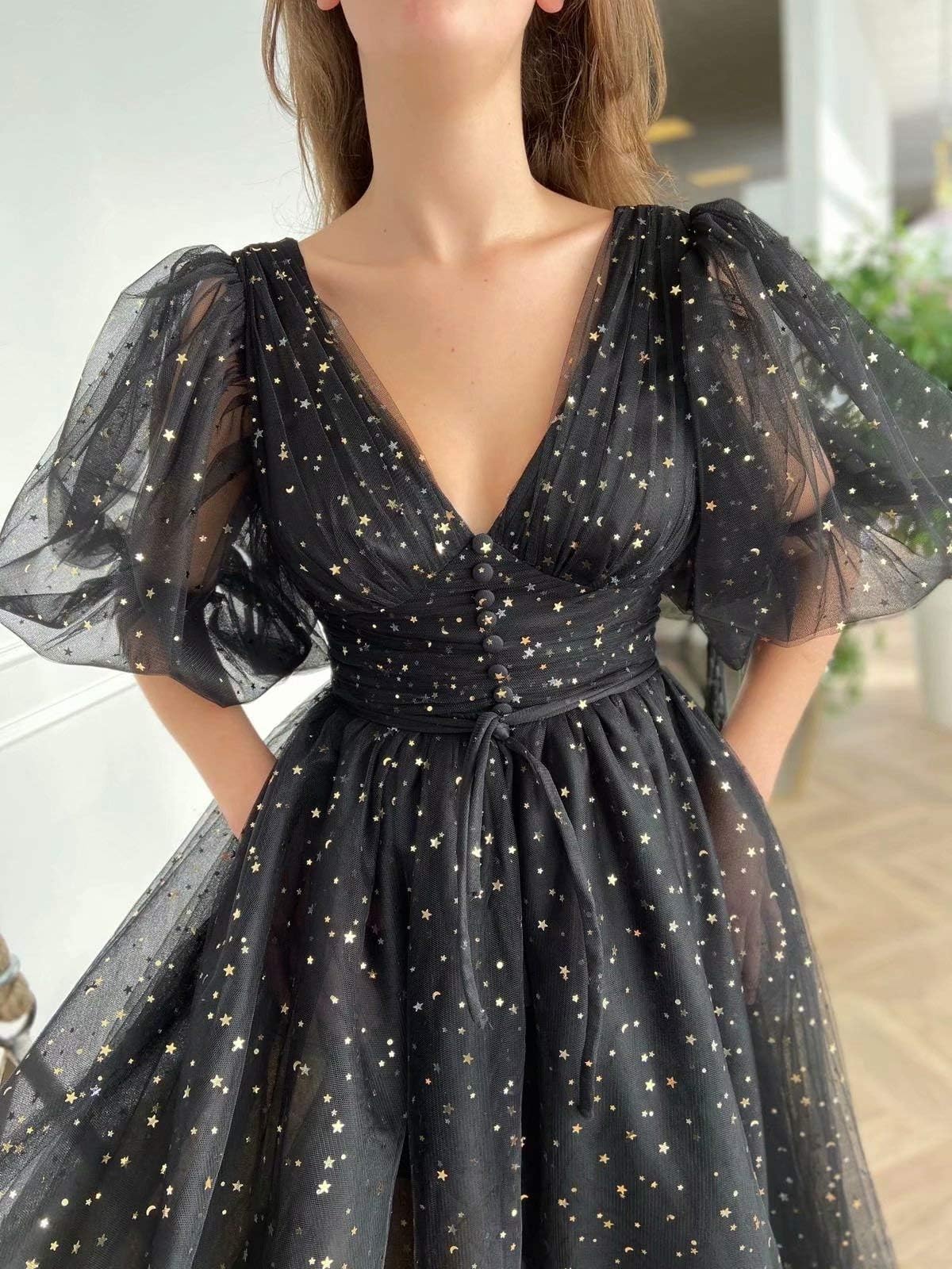Xijun Women's Puffy Sleeve Prom Dresses with Slit Sparkle Starry Tulle Black Corset A Line Half Sleeve V-Neck Tea Length Formal Party Gowns US8