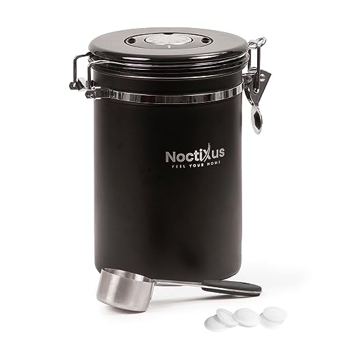 NoctiXus Stainless Steel Coffee Canister/Container for Airtight Food Storage with Date Tracker. Scoop and Release Valves Included. 22 Oz. Black