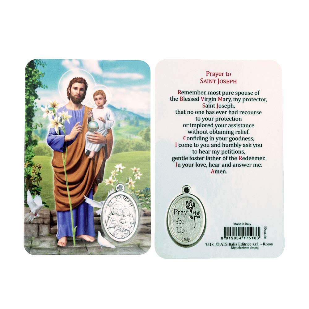 VILLAGE GIFT IMPORTERS Holy Figure Prayer Card with Medal | Saint Prayer and Medal | Italian prayer cards with medals 24 style to choose from (St. Joseph)
