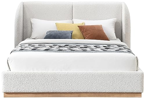 Meridian Furniture JardinCream-F Jardin Collection Art Deco Full Bed with Rich Cream Boucle Fabric, Solid Wood Base, Rounded Wing Back Bed, 60" W x 85" D x 40.25" H, Cream, Full