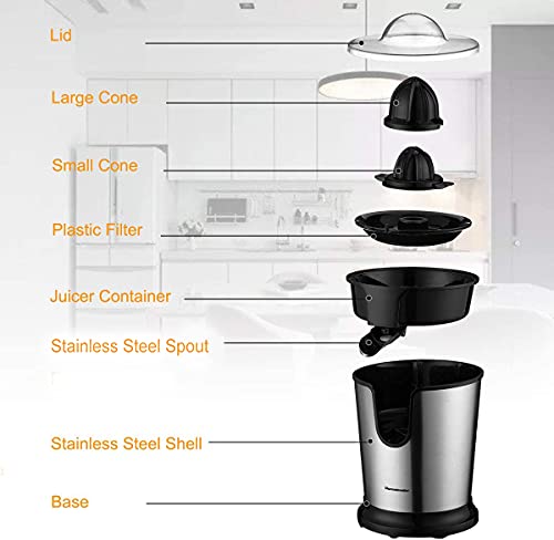 Homeleader Electric Citrus Juicer, Lemon Squeezer with Stainless Steel, Orange Squeezer with Two Cones, Powerful Motor for Grapefruits, Orange and Lemon, Black