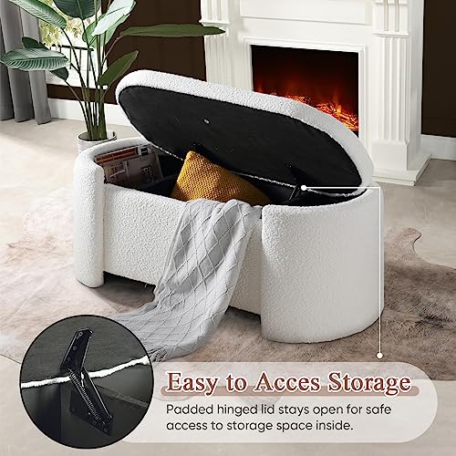 Deolme White Boucle Storage Ottoman Bench- Modern Wooden Indoor Upholstered Storage Bench End of Bed Stool Sherpa Bench Bedside with Safety Hinge for Bedroom, Living Room Seating, Entryway
