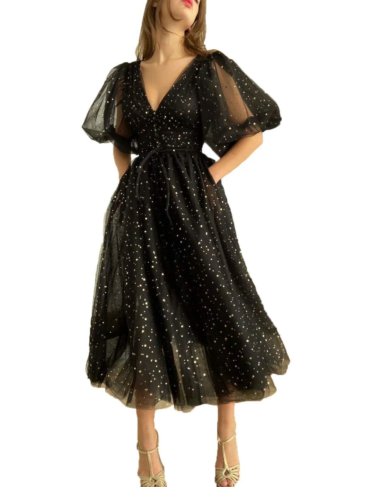 Xijun Women's Puffy Sleeve Prom Dresses with Slit Sparkle Starry Tulle Black Corset A Line Half Sleeve V-Neck Tea Length Formal Party Gowns US8