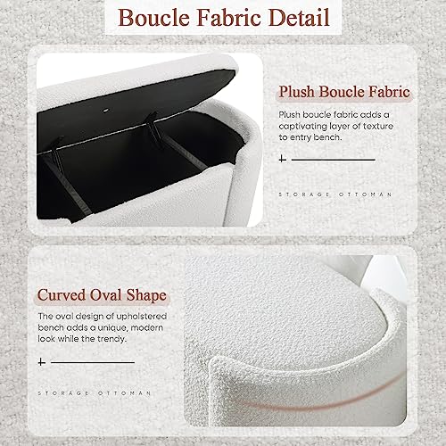Deolme White Boucle Storage Ottoman Bench- Modern Wooden Indoor Upholstered Storage Bench End of Bed Stool Sherpa Bench Bedside with Safety Hinge for Bedroom, Living Room Seating, Entryway