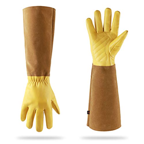 FOUR-AM 2Pairs Gardening Gloves Cut Proof Elbow Length Cowhide Leather Garden gloves women size (Yellow&Belge, Large(Yellow 1Pair))