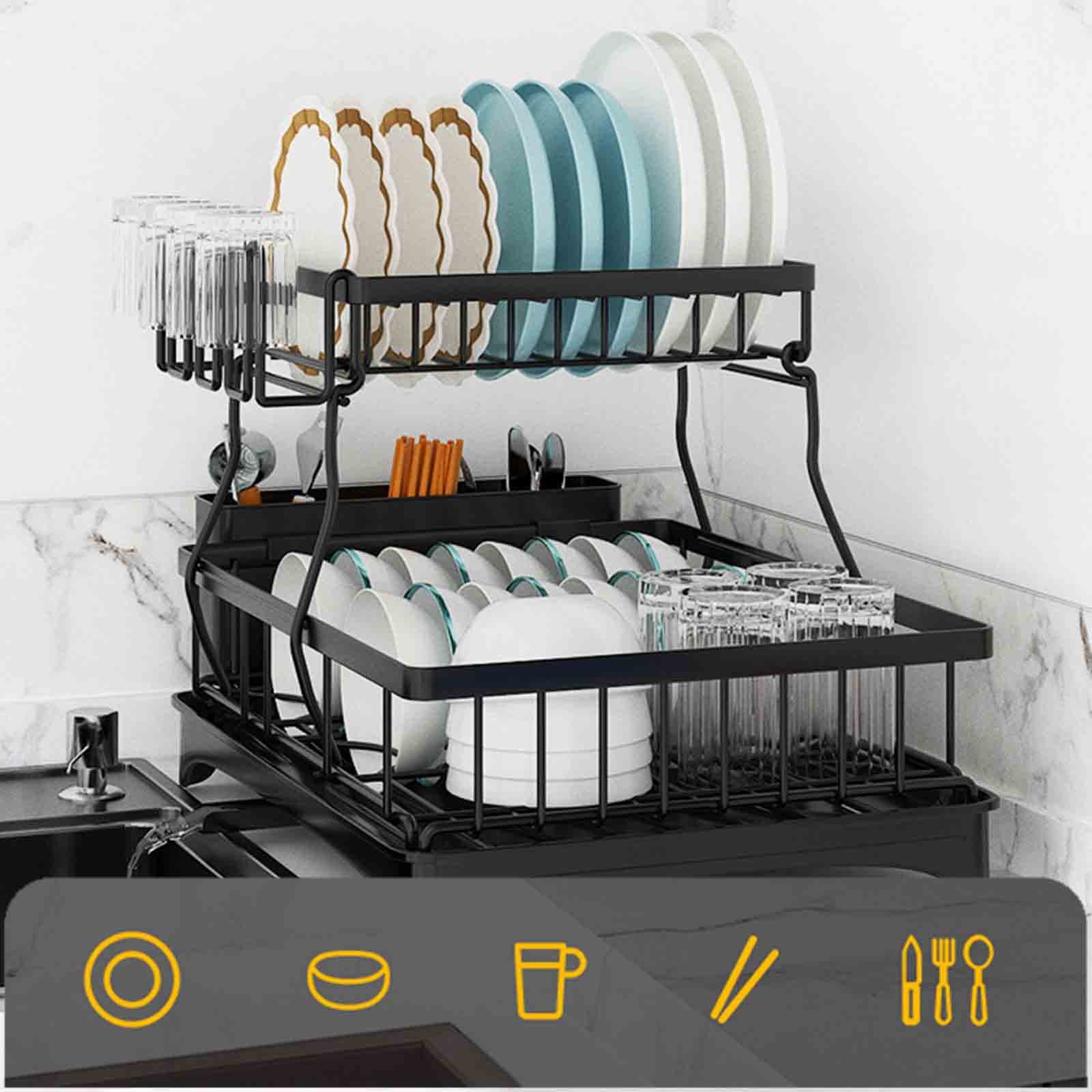 2 Tier Dish Drain Rack, with Retractable Drain Hose, Home Countertop Large Capacity Utensil Drying Rack, for Cup Dish Chopsticks Storage