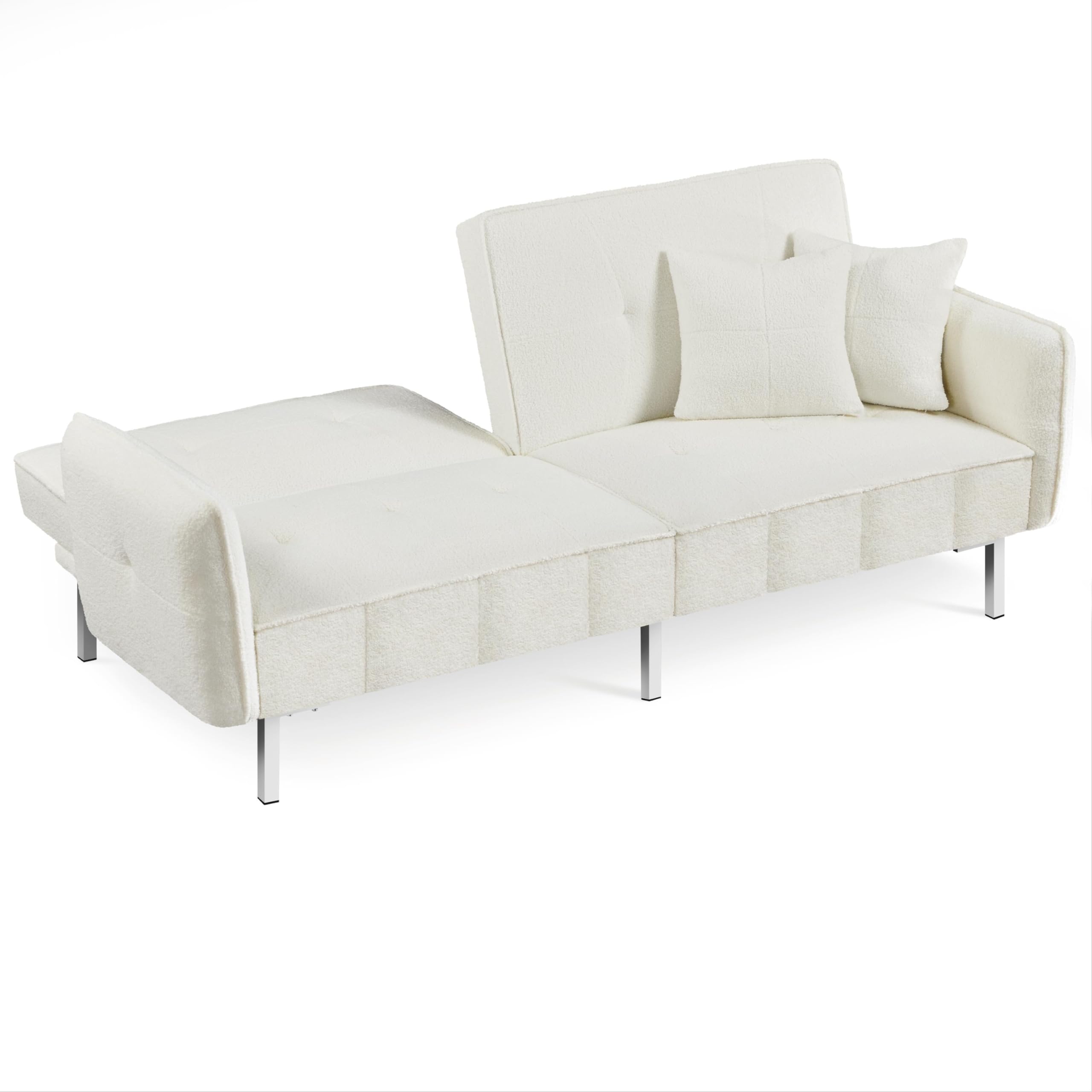 Topeakmart Futon Sofa Bed Split-Back Sleeper Sofa with Removable Armrest Sturdy Metal Legs 3 Angles Adjustable Couch Settee for Apartment/Living Room/Office Ivory Bouclé