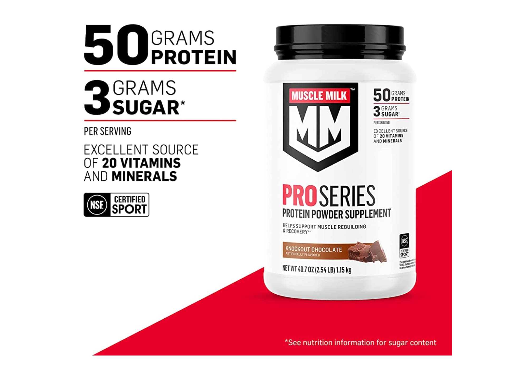 Muscle Milk Pro Series Protein Powder Supplement, Knockout Chocolate (40.7 oz.). 50g Protein, 3g Sugar, 20 Vitamins & Minerals. Workout Recovery