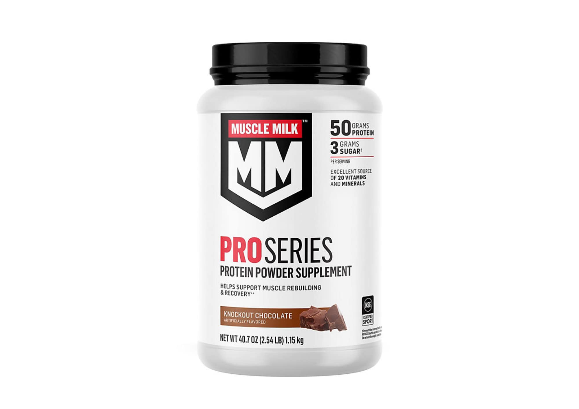 Muscle Milk Pro Series Protein Powder Supplement, Knockout Chocolate (40.7 oz.). 50g Protein, 3g Sugar, 20 Vitamins & Minerals. Workout Recovery