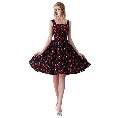 50's Retro Cocktail Summer Tea Dress Women's Rock Sling Floral Dot Dress Swing Party Dress(DV8025-M) Black Cherry