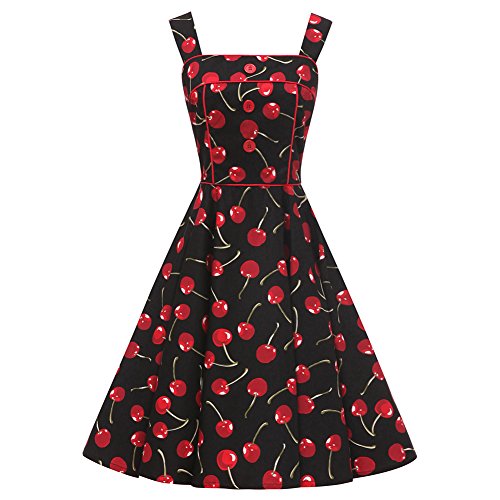 50's Retro Cocktail Summer Tea Dress Women's Rock Sling Floral Dot Dress Swing Party Dress(DV8025-M) Black Cherry