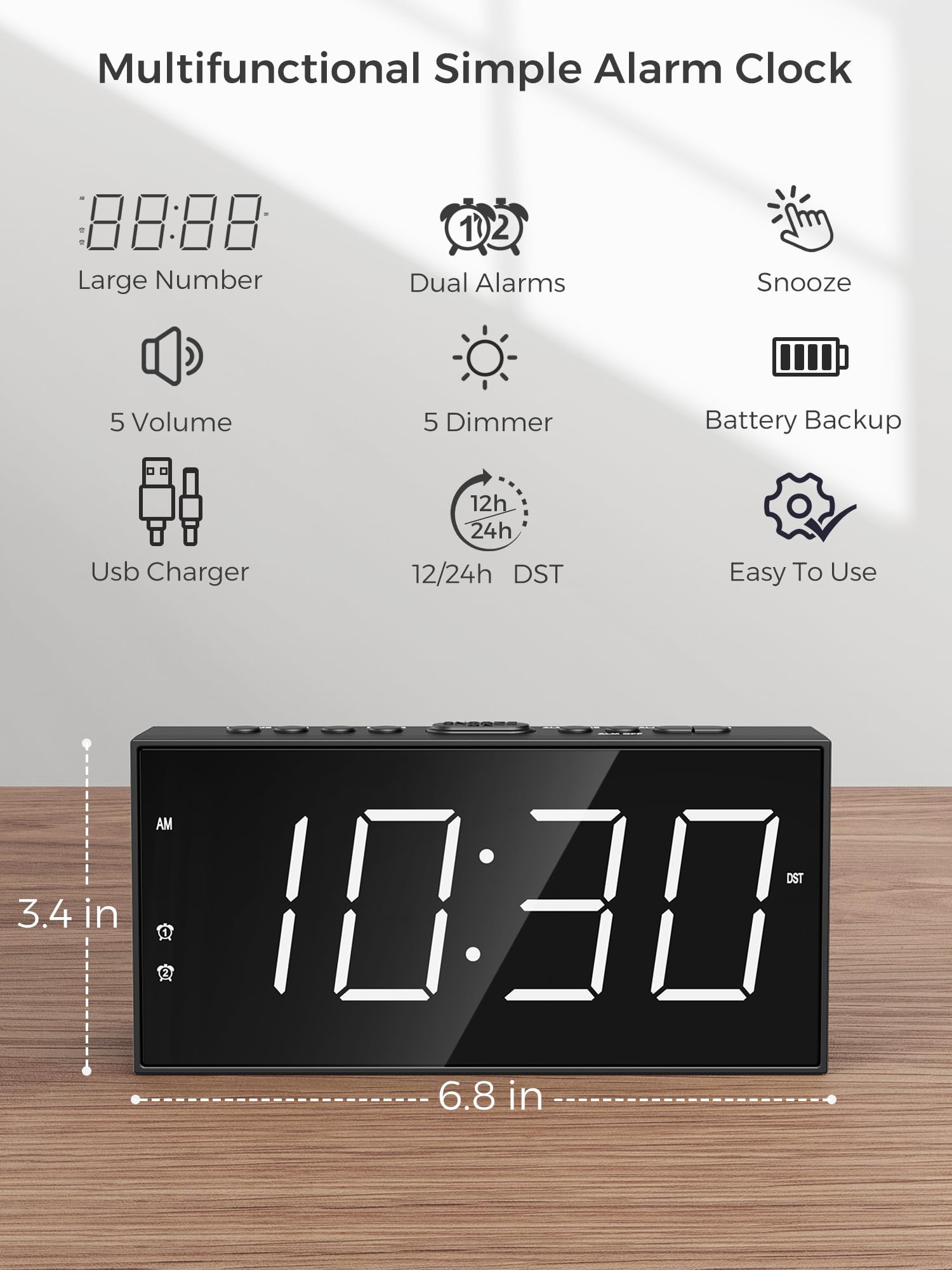 Alarm Clock for Bedroom, 2 Alarms Loud LED Big Display Clock with USB Charging Port, Adjustable Volume, Dimmable, Snooze, Plug in Simple Basic Digital Clock for Deep Sleepers Kids Elderly Home Office