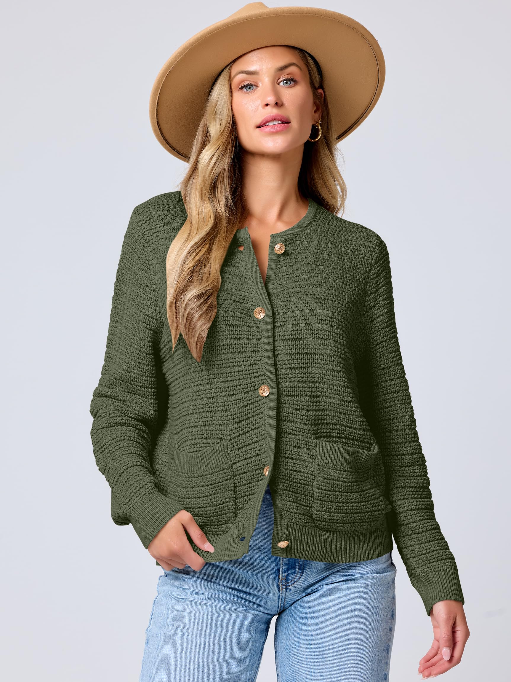 ANRABESS Women's Tweed Knit Cardigan Sweater Casual Long Sleeve Cropped Button Down Lady Jackets 2025 Spring Fashion Outwear Army Green Medium