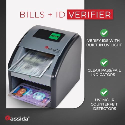 Cassida Omni-ID 2-in-1 Currency Counterfeit Detector with UV Identification Verification Lights β Bill Checker with Infrared, Magnetic and Ultraviolet Sensors - Easy to Read PASS/FAIL Display