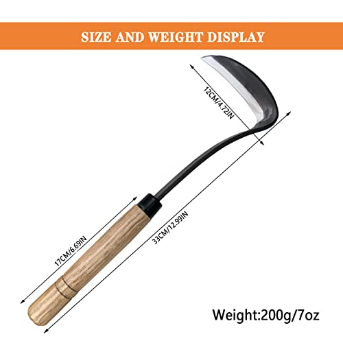 SHANFEEK Japanese Weeding Sickle Hoe Gardening Tools 13-Inch Weed Remover Tool High-Carbon Steel One-Piece Molding with Hard Solid Wood Handle(Snake-Necked)