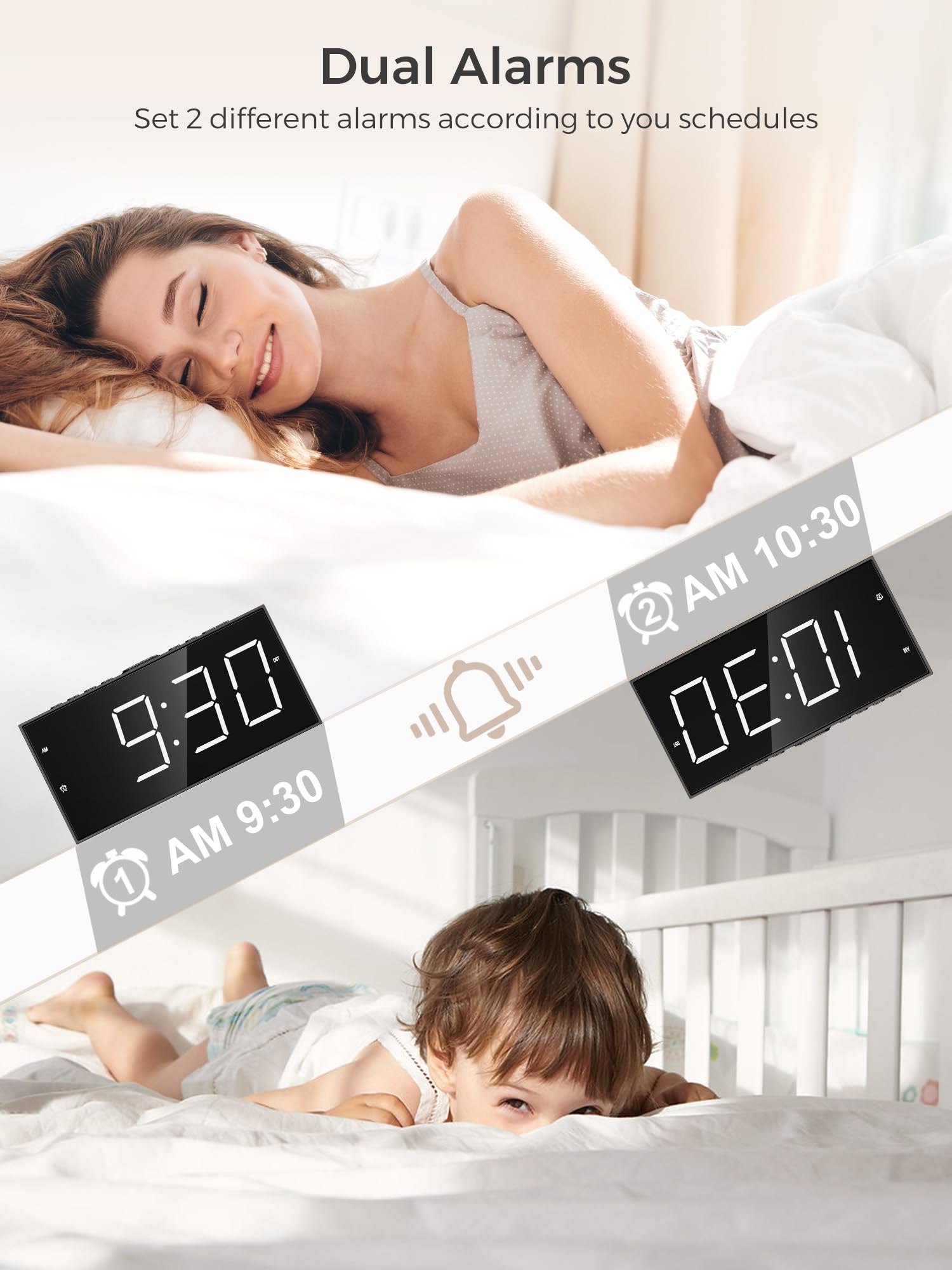 Alarm Clock for Bedroom, 2 Alarms Loud LED Big Display Clock with USB Charging Port, Adjustable Volume, Dimmable, Snooze, Plug in Simple Basic Digital Clock for Deep Sleepers Kids Elderly Home Office