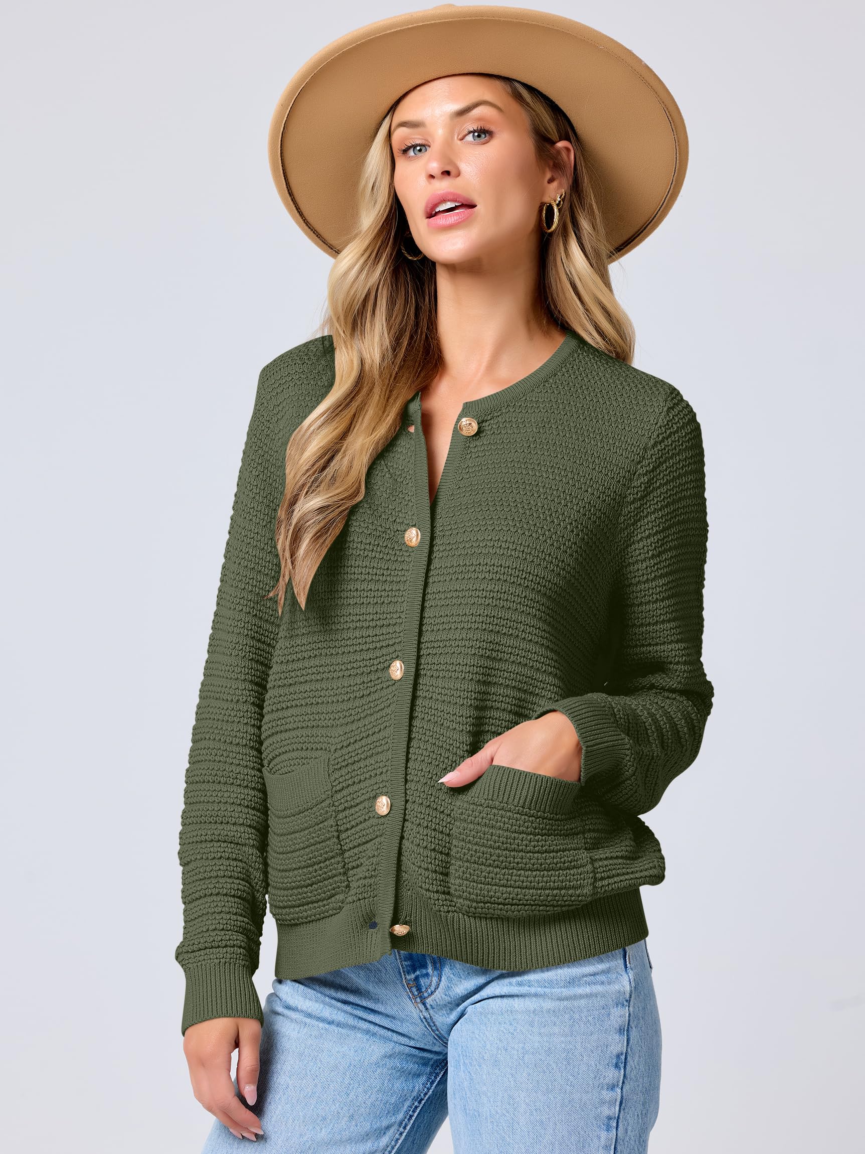 ANRABESS Women's Tweed Knit Cardigan Sweater Casual Long Sleeve Cropped Button Down Lady Jackets 2025 Spring Fashion Outwear Army Green Medium