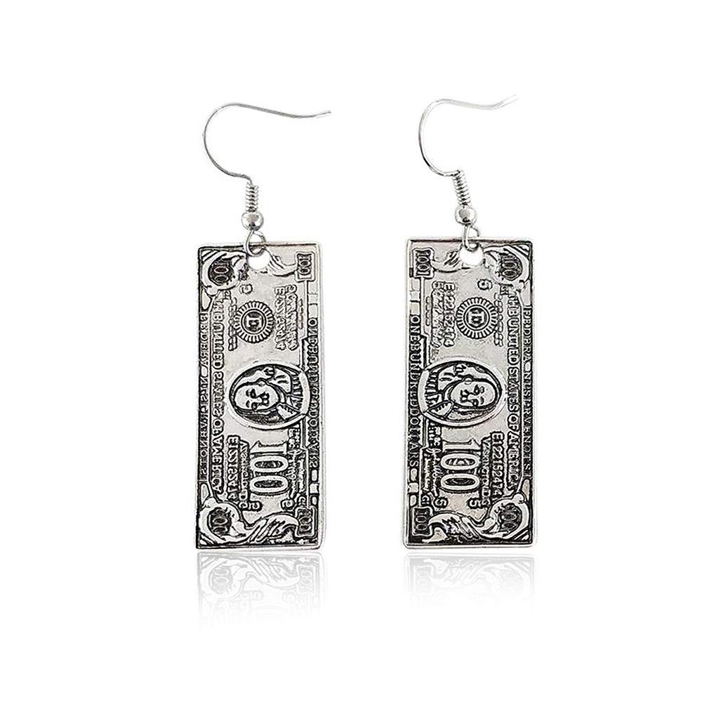 YOOE Cute 100 Dollar Bill Money Currency Dangle Earrings.Punk hiphop Paper Cash Drop Earrings.Antique Silver Gold For Women Jewelry (Silver 2)
