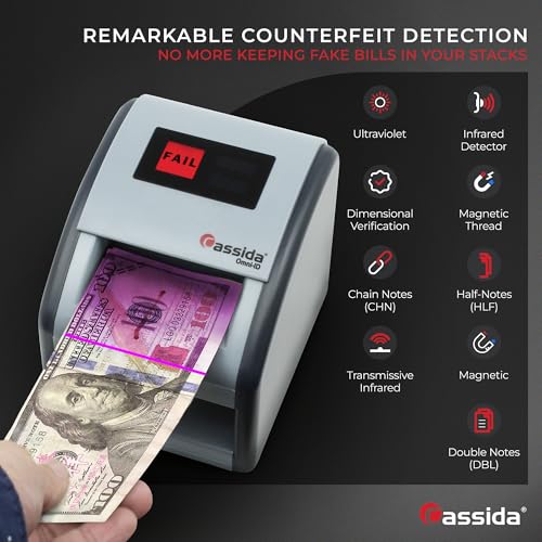 Cassida Omni-ID 2-in-1 Currency Counterfeit Detector with UV Identification Verification Lights β Bill Checker with Infrared, Magnetic and Ultraviolet Sensors - Easy to Read PASS/FAIL Display