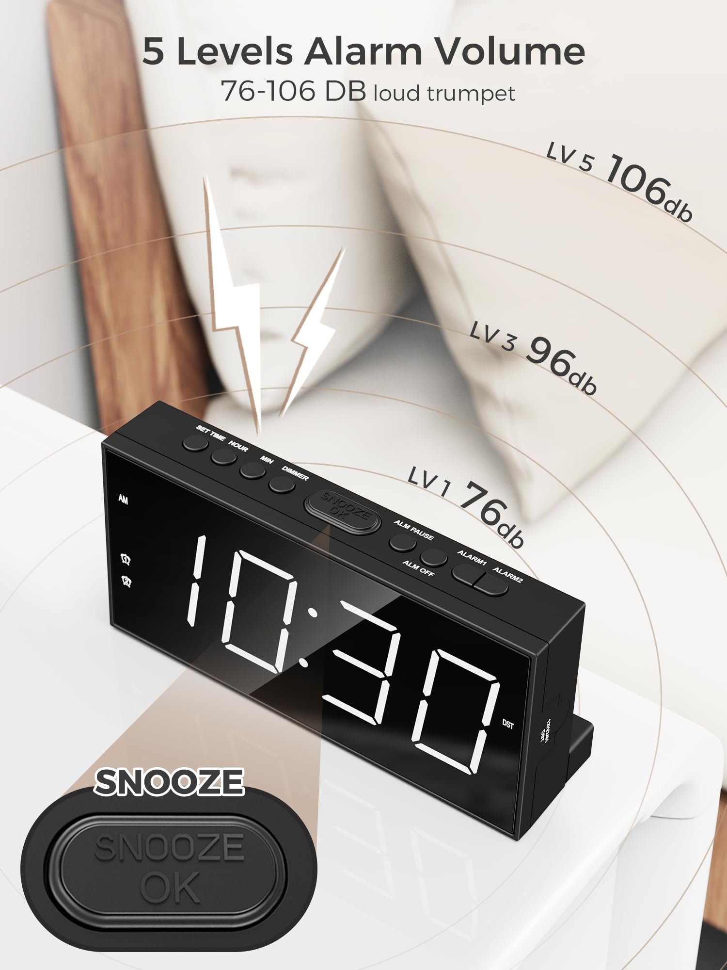 Alarm Clock for Bedroom, 2 Alarms Loud LED Big Display Clock with USB Charging Port, Adjustable Volume, Dimmable, Snooze, Plug in Simple Basic Digital Clock for Deep Sleepers Kids Elderly Home Office
