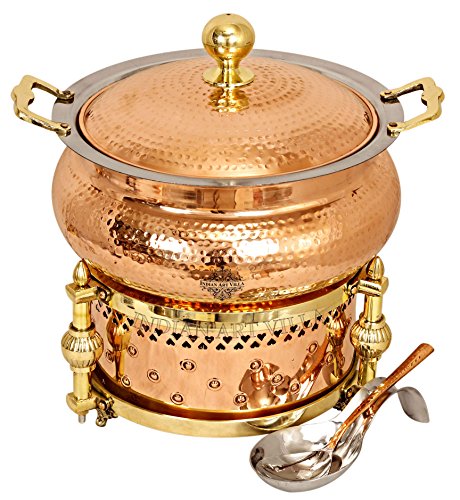 IndianArtVilla Steel Copper Chafing Dish with Sigdi Design Gel Fuel Stand, Buffet Warmer Serveware Party, 135 OZ