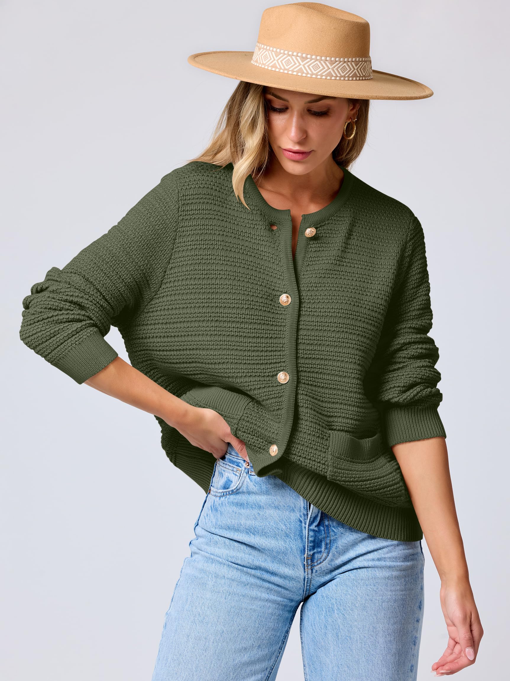 ANRABESS Women's Tweed Knit Cardigan Sweater Casual Long Sleeve Cropped Button Down Lady Jackets 2025 Spring Fashion Outwear Army Green Medium