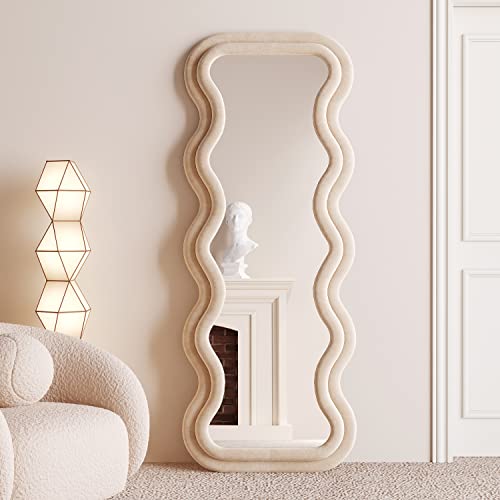 BOJOY Full Length Irregular Wavy Mirror 63"x24", Arched Floor Mirror Standing Hanging or Leaning Against Wall for Bedroom, Flannel Wrapped Wooden Frame -Milk Tea Color