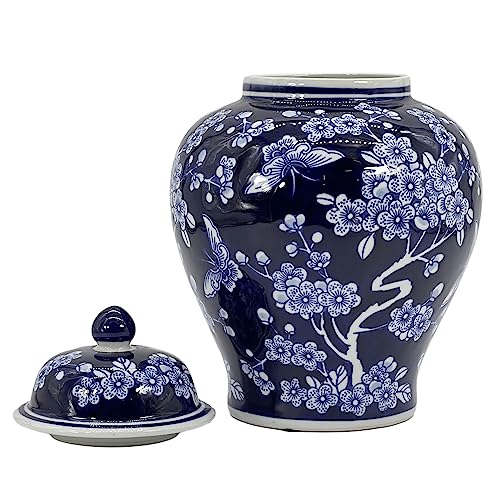 Galt International Dark Blue Floral Chinoiserie Jar 12" w/Lid - Ginger Jar, Tea Storage, Decorative, Home Decor Jar